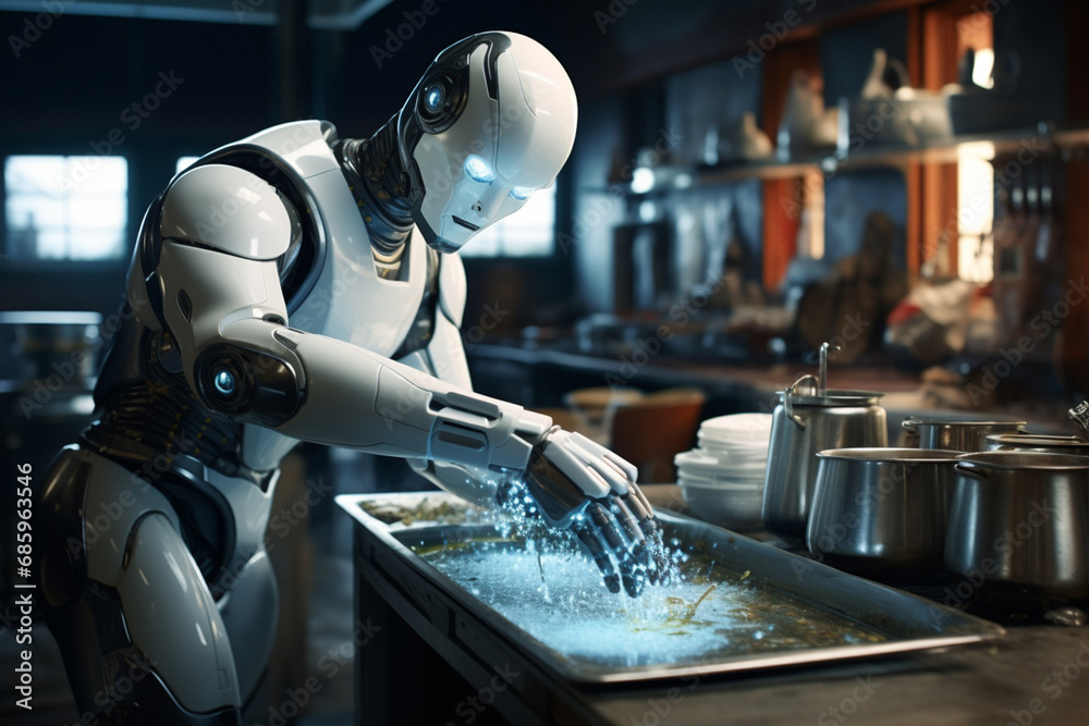 Modern artificial intelligence female robot, designed as human in apron ...