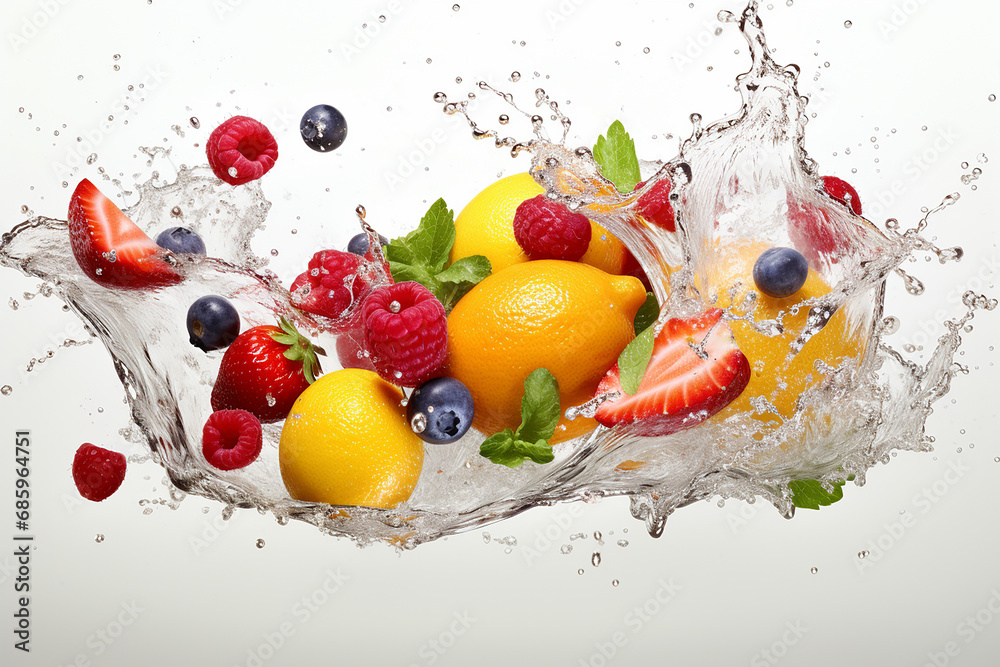Fruit and vegetables splash with water, splashing fruite for poster ...