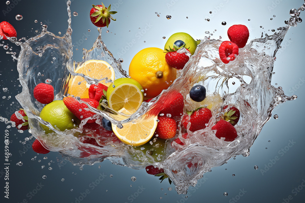 Fruit and vegetables splash with water, splashing fruite for poster ...
