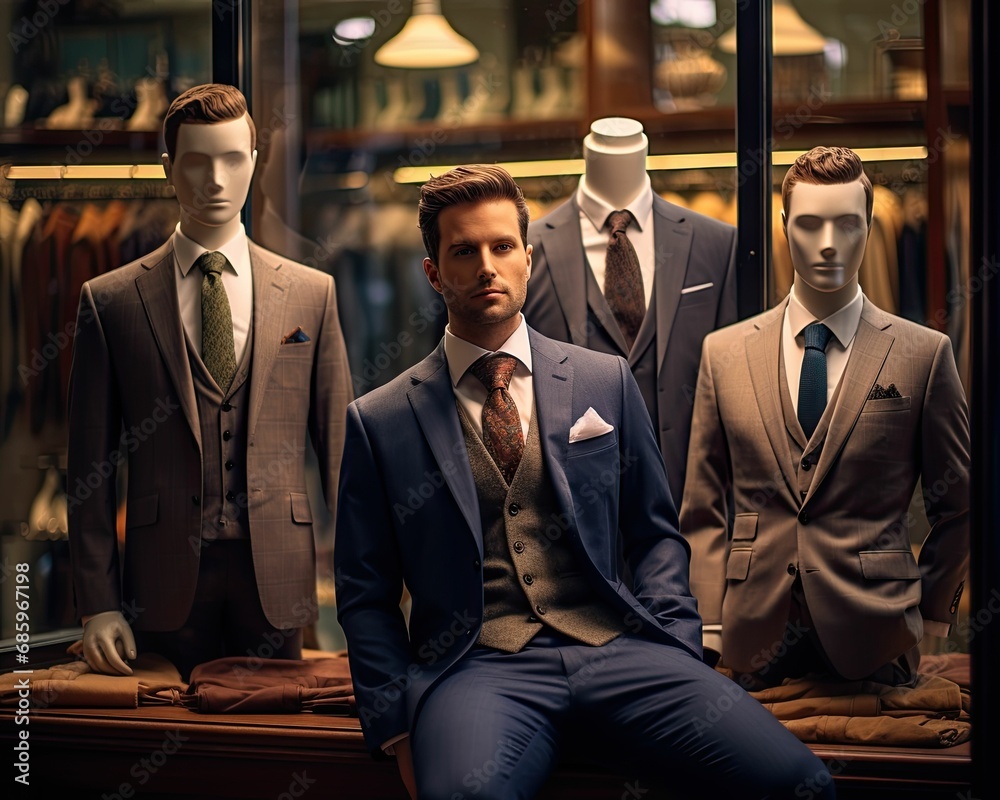 upscale menswear, elegant suits, mannequins, male model, sophisticated ...