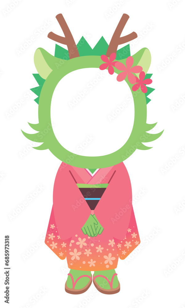 Vecteur Stock 振袖を着た龍の女の子の顔はめパネルフレームのイラスト Adobe Stock