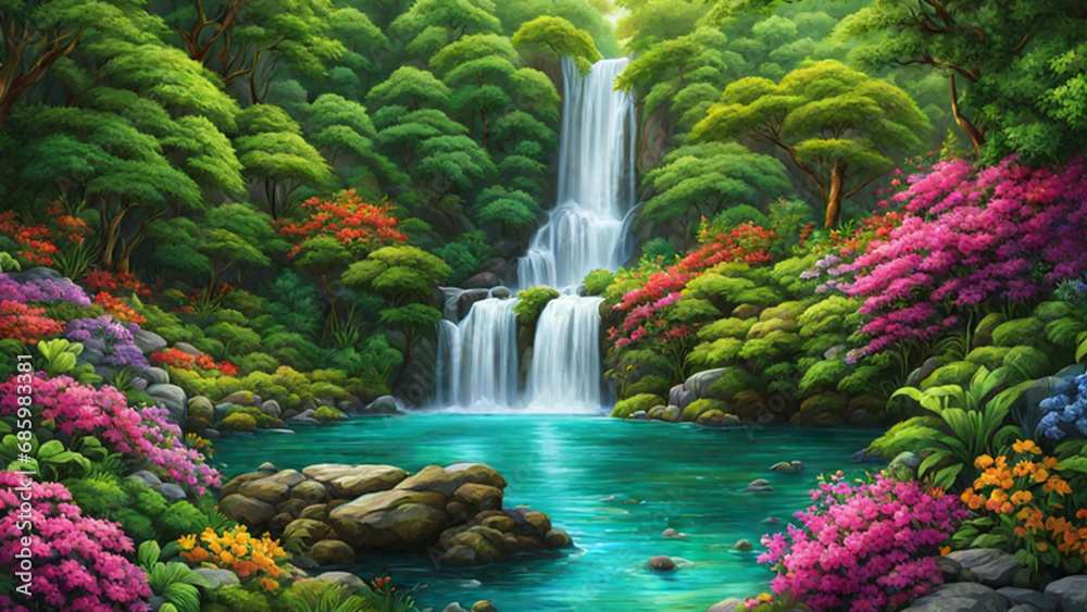 Vibrant wilderness. Bright colors of nature. Lush green foliage ...