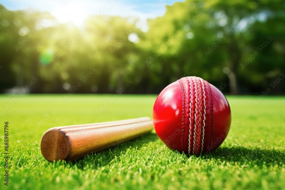 A cricket red ball on the grass. Cricket bat and a red ball on the ...