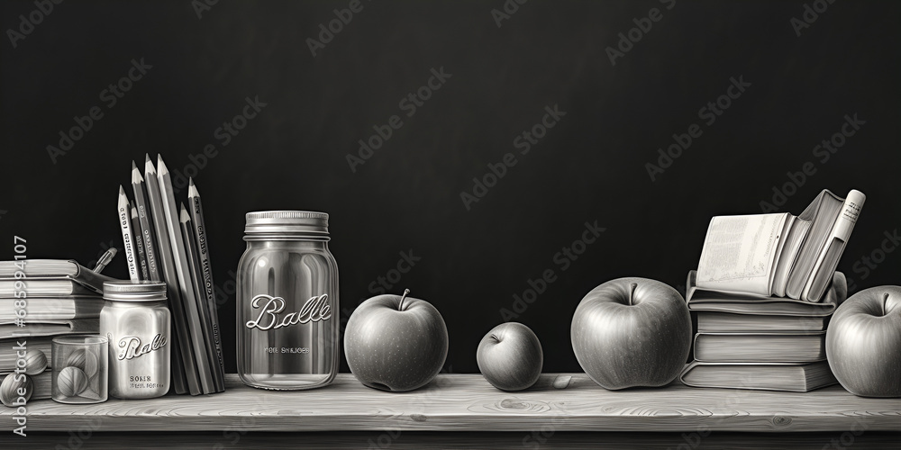 Black and white drawing of an pencil, apple , jar box , book drawing in ...