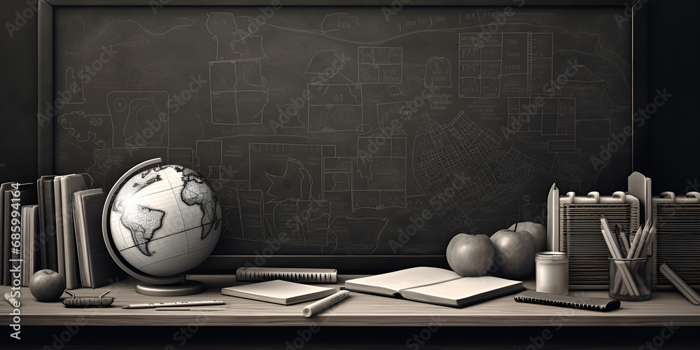 Gray Education Background Pencil Drawing on Blackboard with Classroom ...