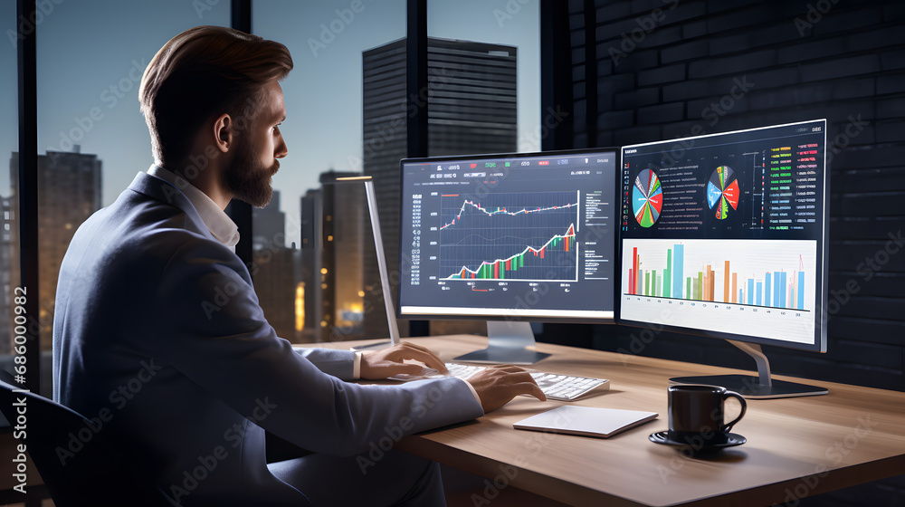 An analyst uses a computer and dashboard for data business analysis and Data Management System ...