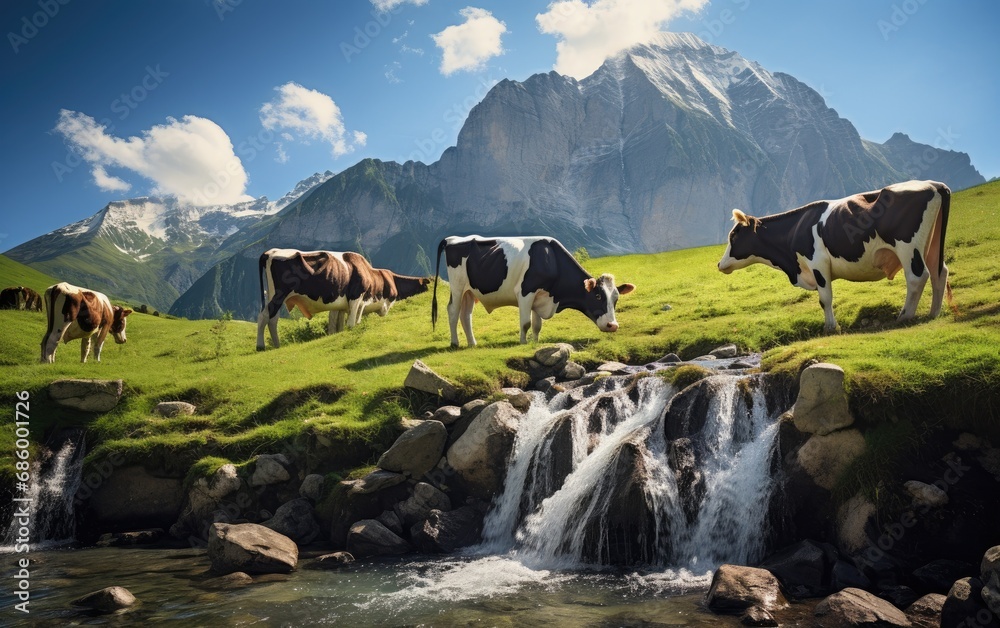 Swiss flatland with waterfall from large mountains and cows eating ...