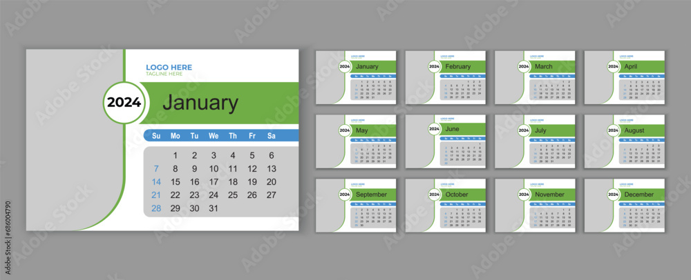 Monthly calendar template for the 2024 year. Week Starts on Sunday ...
