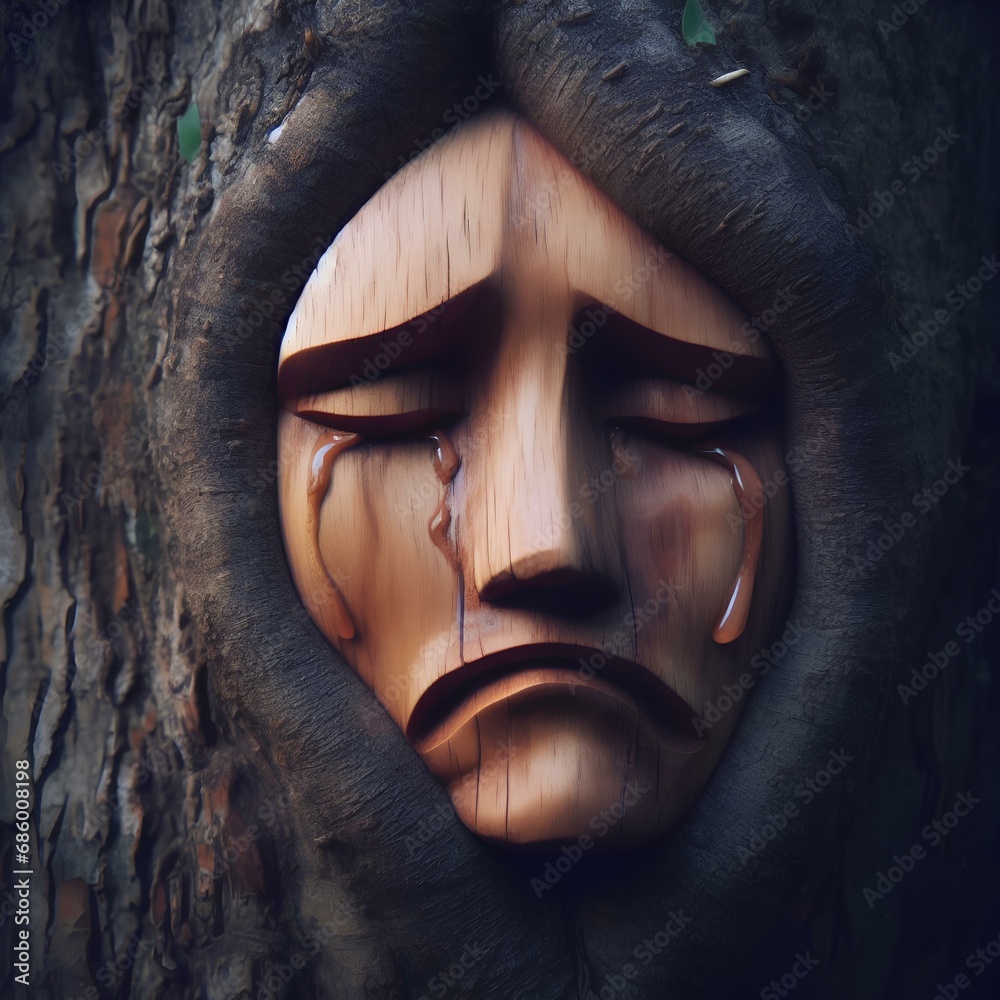 Crying Tree, Deforestation, Climate change and cutting down tree. Global Waring, Sad Tree Face ...