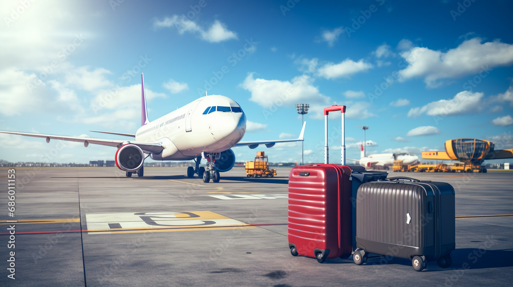 Suitcase in front of the plane at the airport Stock Photo | Adobe Stock