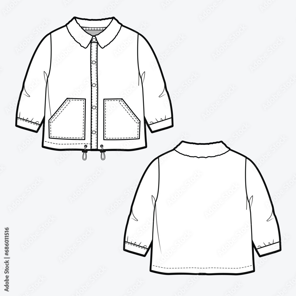 Kids shacket front and back view flat sketch vector template Stock ...