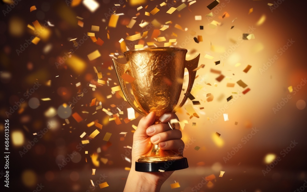 Hand holding gold trophy cup with confetti, celebrating success with a ...