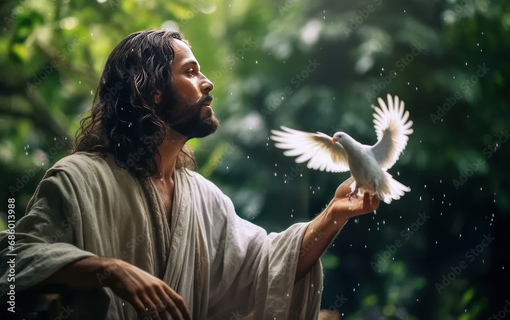 Jesus Christ with a dove. Jesus baptised concept. Generative AI Stock ...