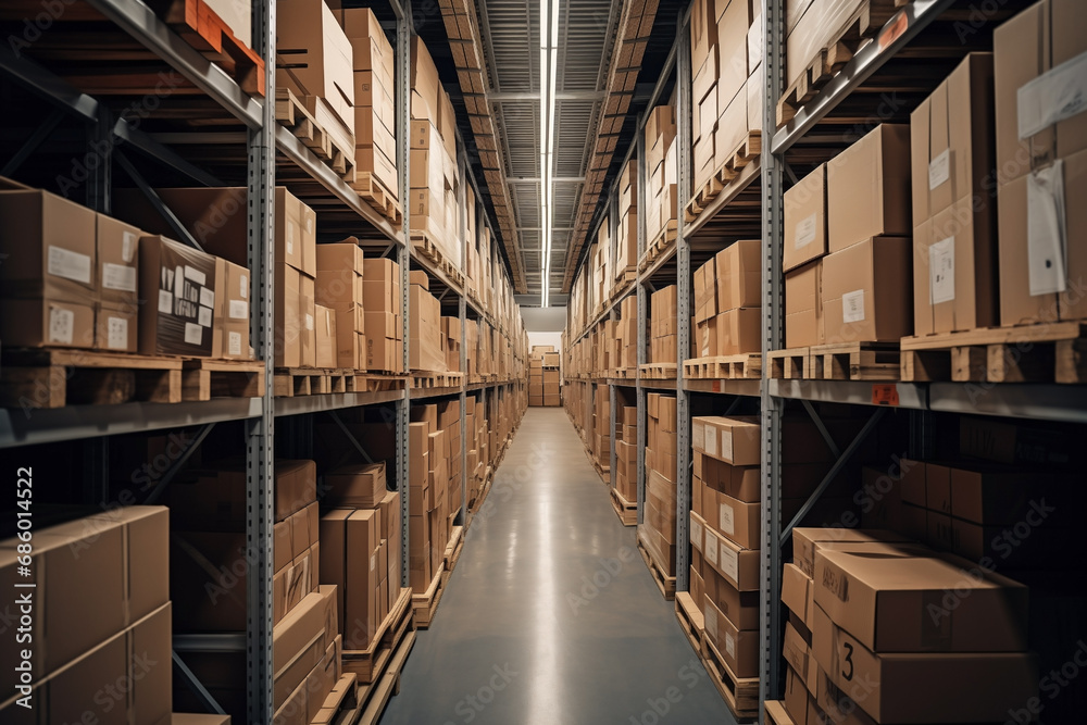 warehouse, storage room, passage between shelves with boxes to the ...