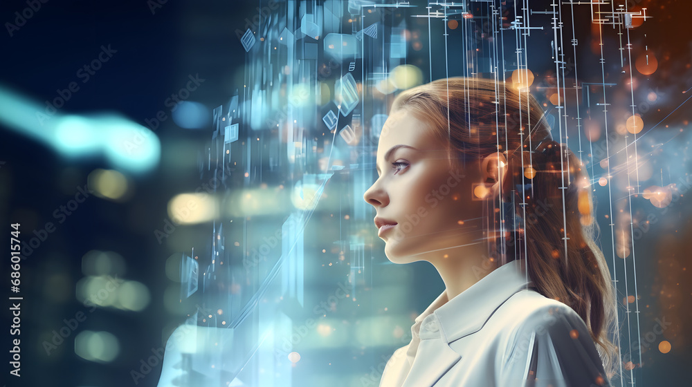 Double exposure of business woman and Big Data concept. Digital neural network.Introduction of ...