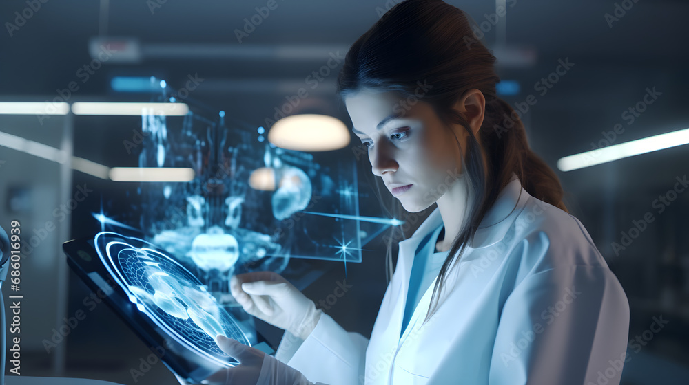 Female Doctor surgeon analyzing patient brain with human anatomy on ...