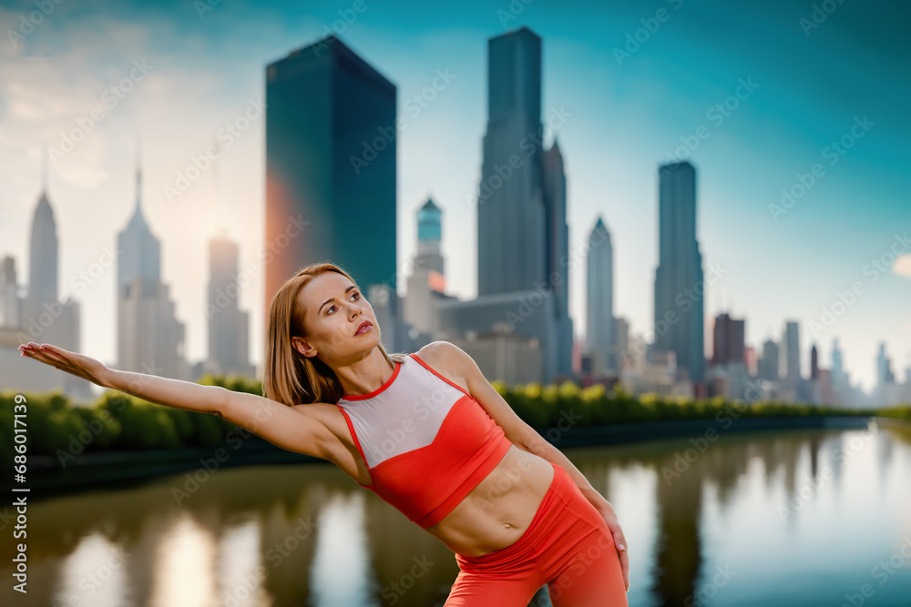 Beautiful fit muscular woman in red sportswear doing sporty exercises ...
