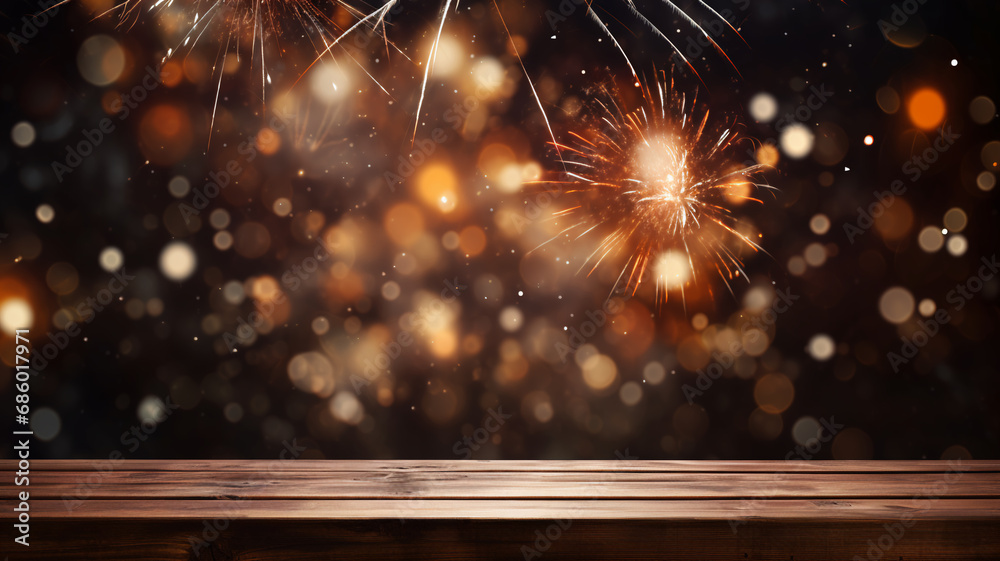 Empty wooden plank table top with festive fireworks, bokeh light ...