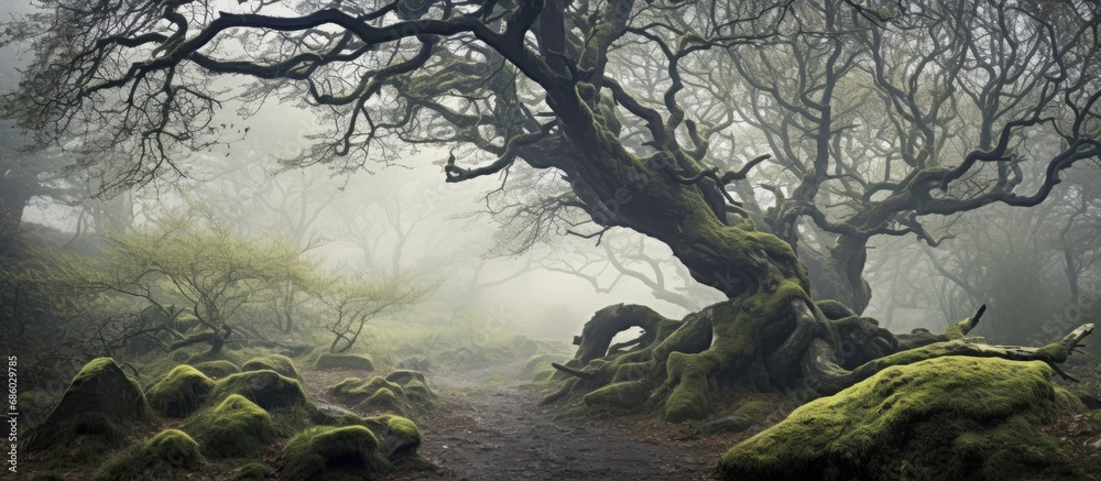 Misty fog surrounds an otherworldly forest and twisted oak tree in ...