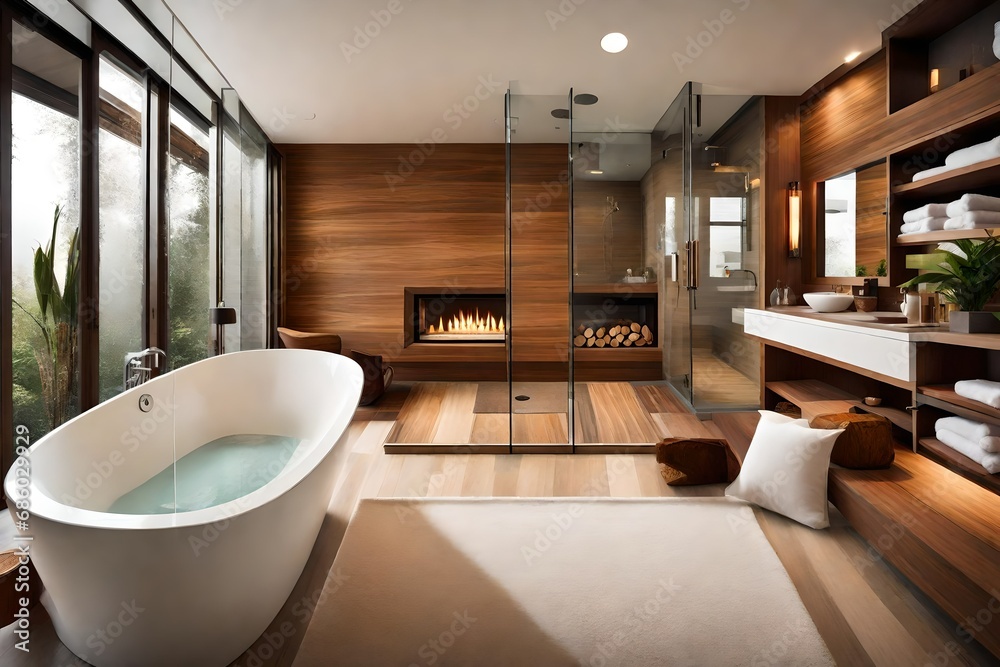 Spa retreat bathroom with a wall-mounted fireplace, teak accents, and a ...