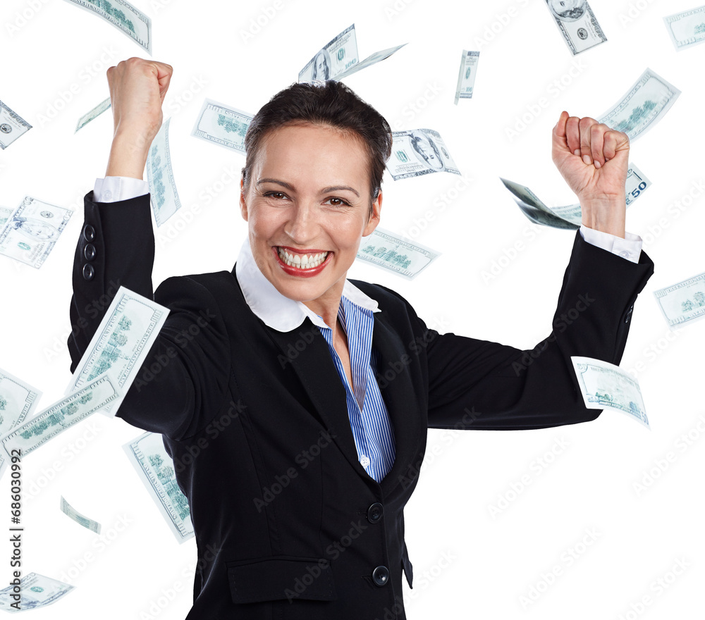 Portrait, money rain and business with celebration, woman or employee ...