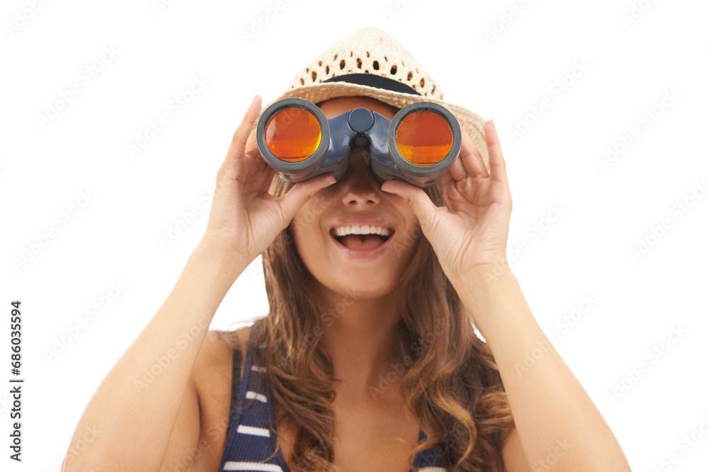 Woman, binoculars and excited for adventure explore or hiking view ...