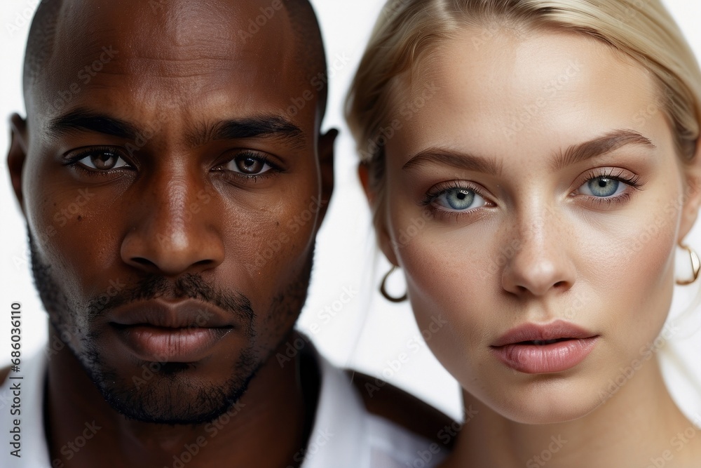 Close-up portrait of a beautiful Caucasian white woman and an African ...
