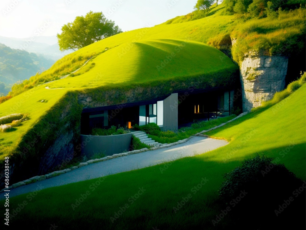 an expansive composition of an underground house built into the side of ...
