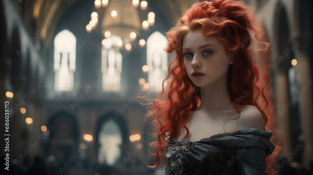 Princess with curly red ginger hair standing inside large open space ...