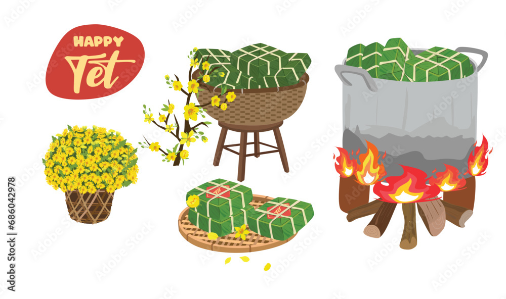 Chung cake vector set. Chung cake on bamboo basket. Vietnamese cuisine ...