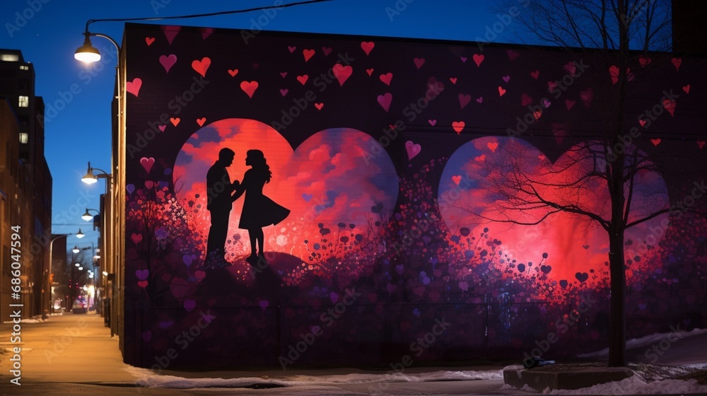 Love-themed murals on the sides of buildings against a dark background ...