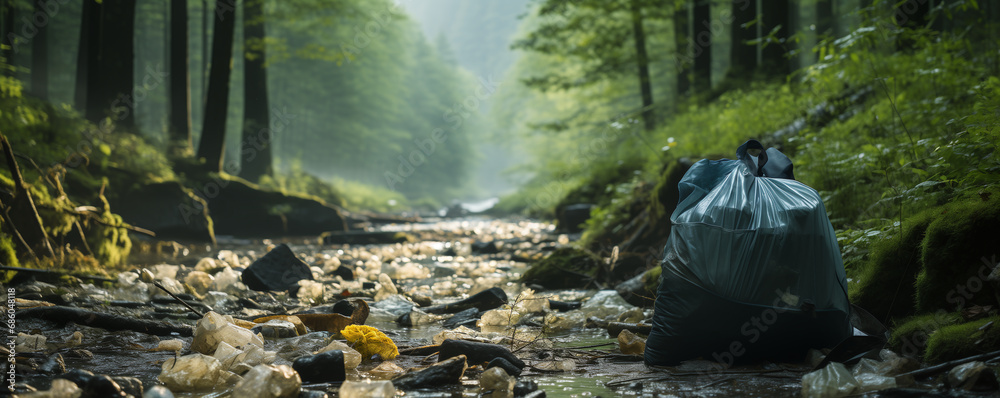 Garbage pile in the forest. Toxic plastic into nature everywhere ...