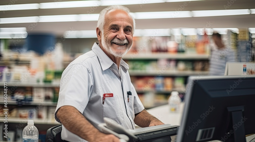 white old man Senior cashier employee uniform at the cashier counter in ...
