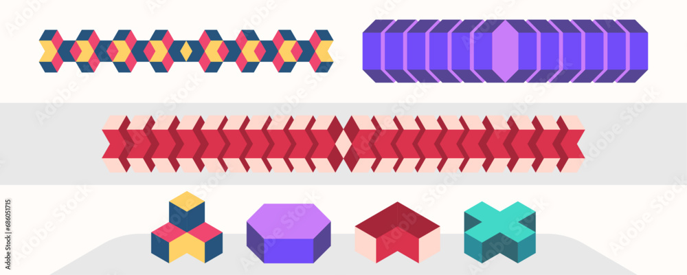 Set of 3D Geometric Shapes. Hexagon, cube, cross and arrow shapes in ...