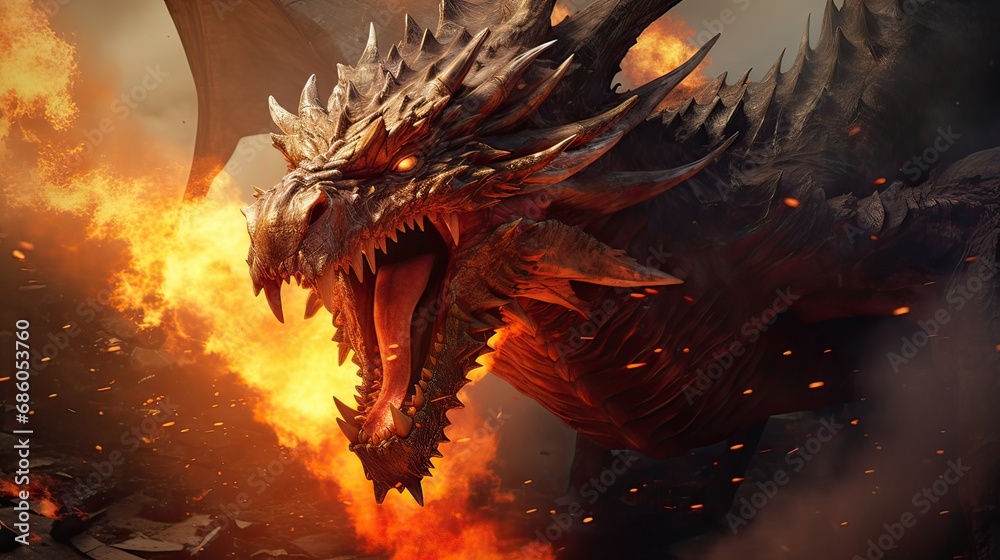 Spectacular dragon breathing out intense fire in a deafening roar ...