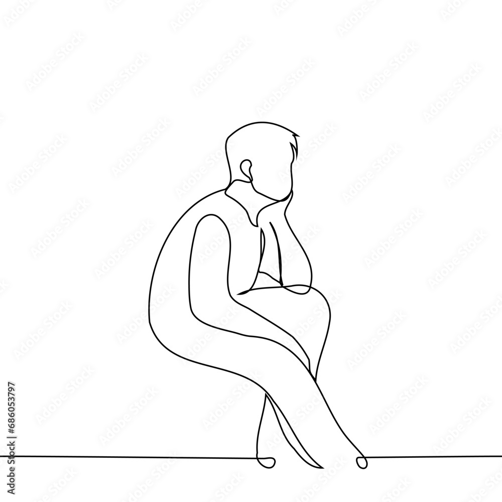 man sits hunched over leaning his elbow on his knee - one line art ...
