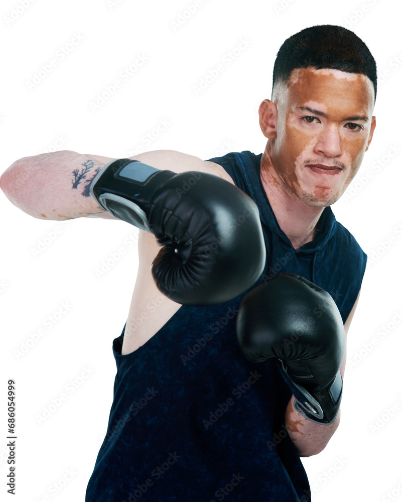 Man with vitiligo, portrait and boxer punching for self defense or ...