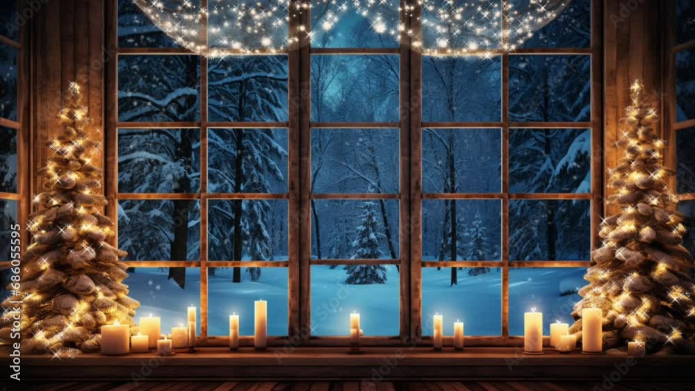 Silhouette of a wooden window overlooking the winter forest. Beautiful ...