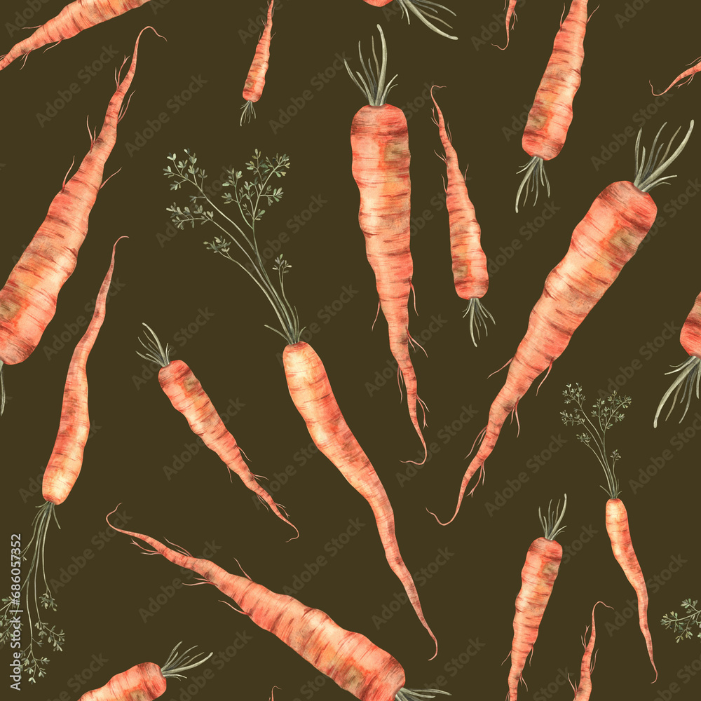Seamless watercolor surface pattern of bright carrots with greens. Hand ...