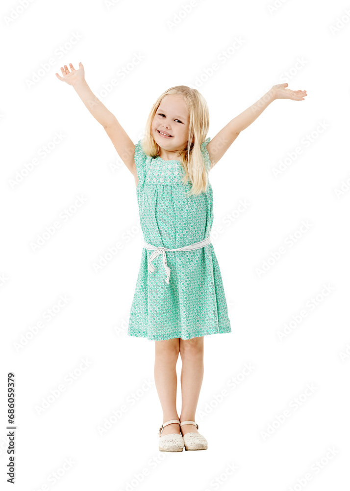 Portrait, girl and kid with open arms, celebration and happiness ...