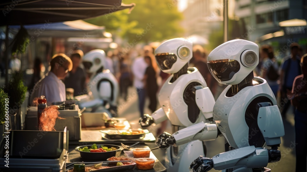 Service robots equipped with artificial intelligence serving food at an ... Service robots equipped with artificial intelligence serving food at an ...