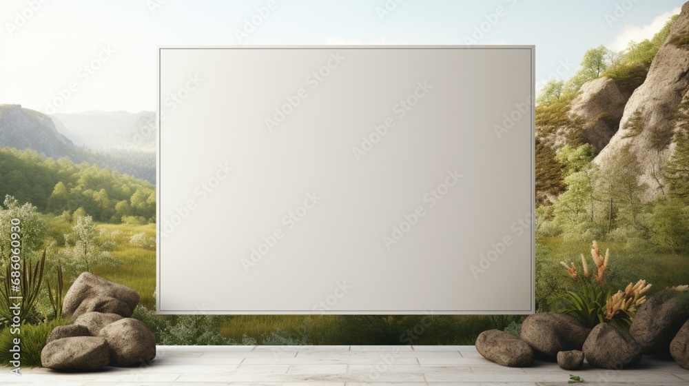 tranquility of a landscape background as blank sheets of paper create ...