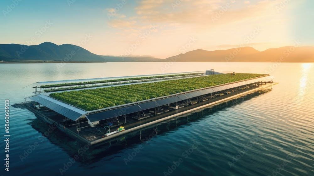 A tranquil dawn breaks over a vast floating solar farm on a placid lake ...