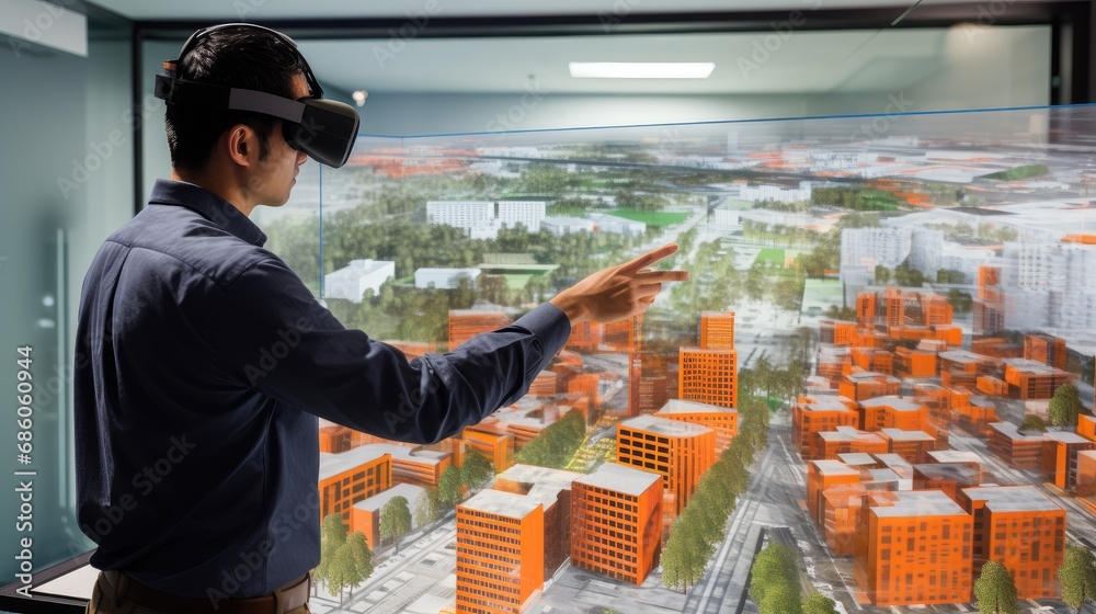 A professional in a virtual reality headset interacts with a 3D city ...