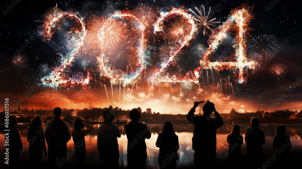Firework explosion in the night sky celebrating happy new year 2024 ...