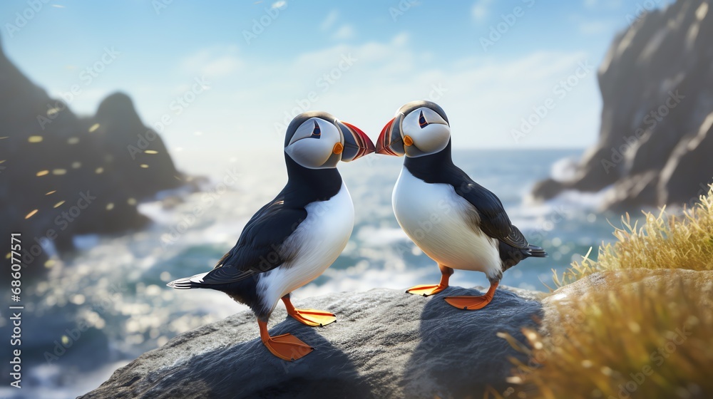 Two super cute puffins bird couple in love. AI generated image Stock ...