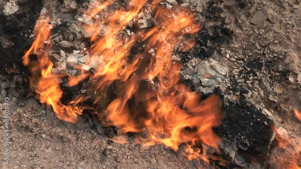 Ecology, global warming. Fire. Flames of burning gas from the surface ...