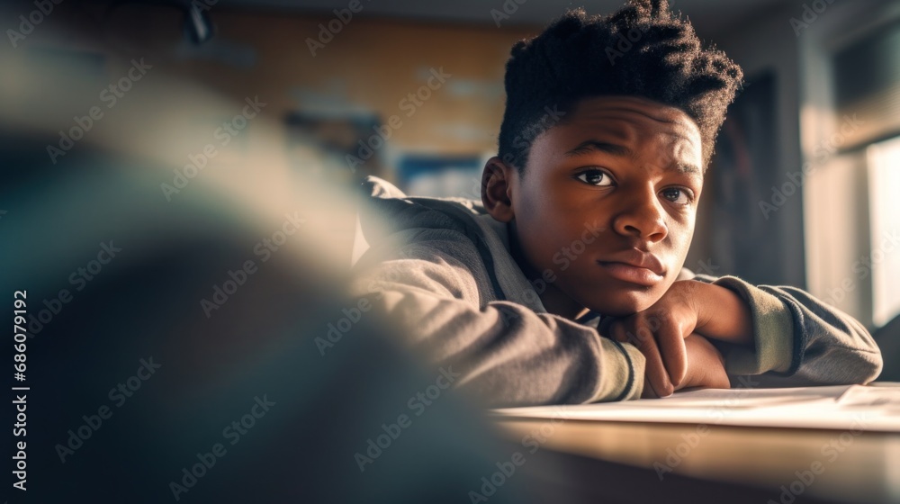 Seated alone in a quiet classroom, a sad teen boy's gaze into the ...