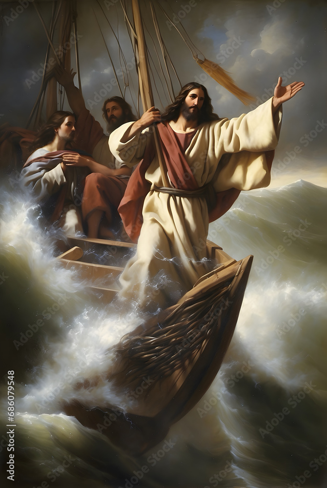 Jesus Christ on the boat calms the storm at sea. Be still Stock ...