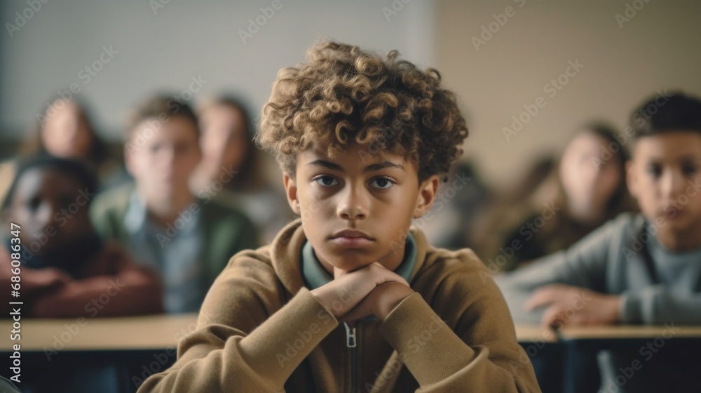 Seated alone in a classroom, a somber teen boy makes eye contact with the camera, revealing his ...